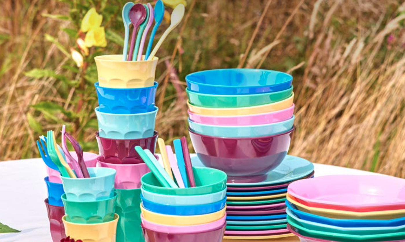 Bright coloured Melamine Cups, Plates and Bowls by Rice DK, Tins ...