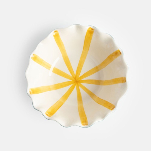Blue Scallop Edge with Hand Painted Mustard yellow Stripes Ceramic Bowl ...