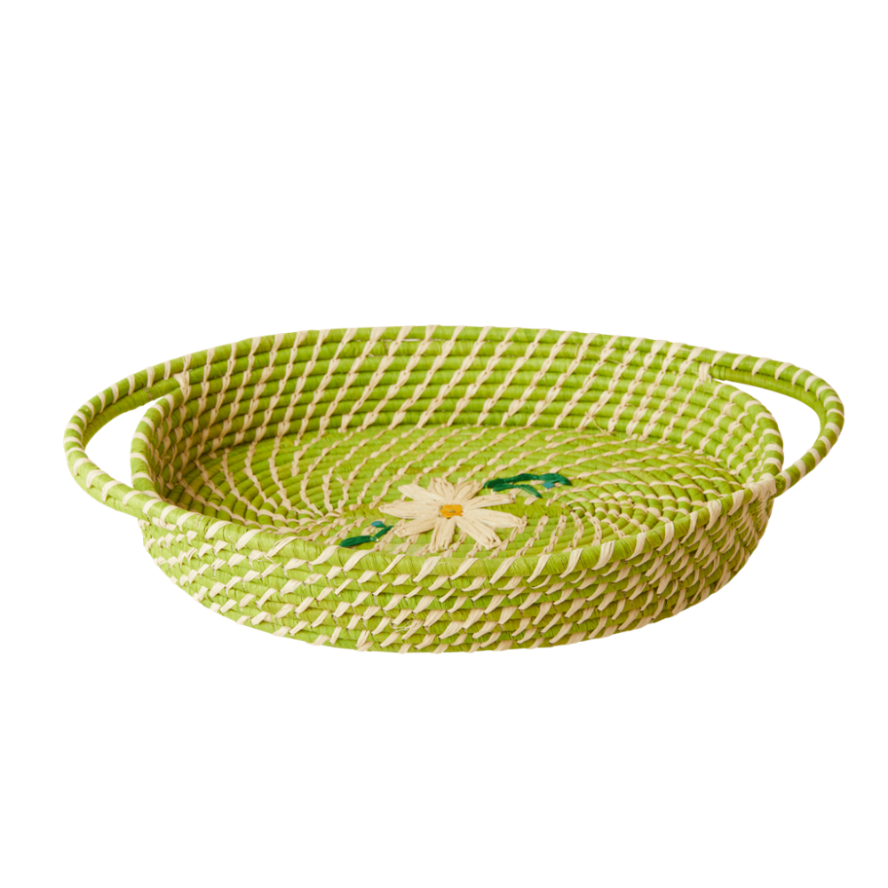 Natural Coloured Oval Shaped Raffia Basket Embroidered Flowers By Rice ...