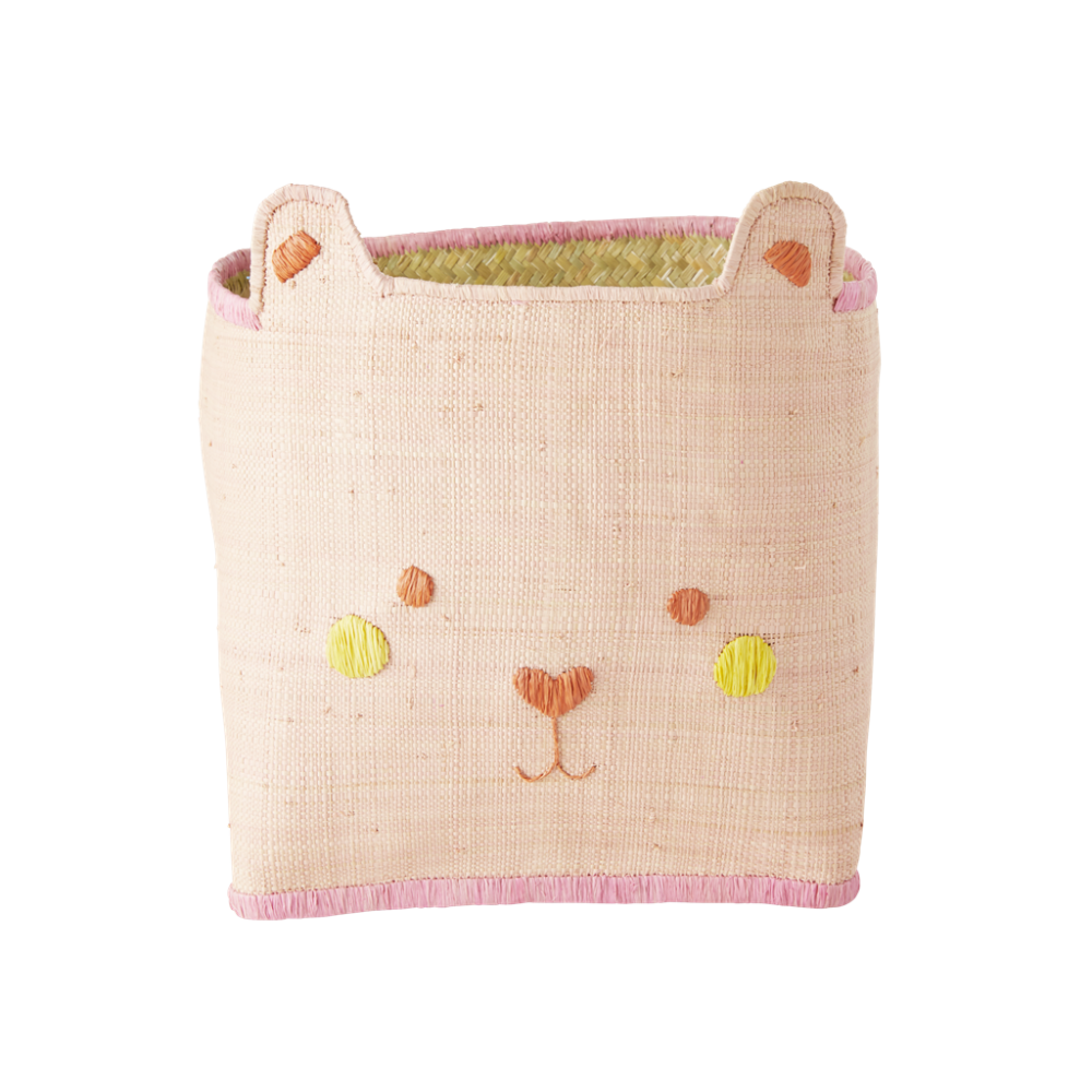 Pink Raffia Storage Basket With Cute Bear Face By Rice DK - Vibrant Home