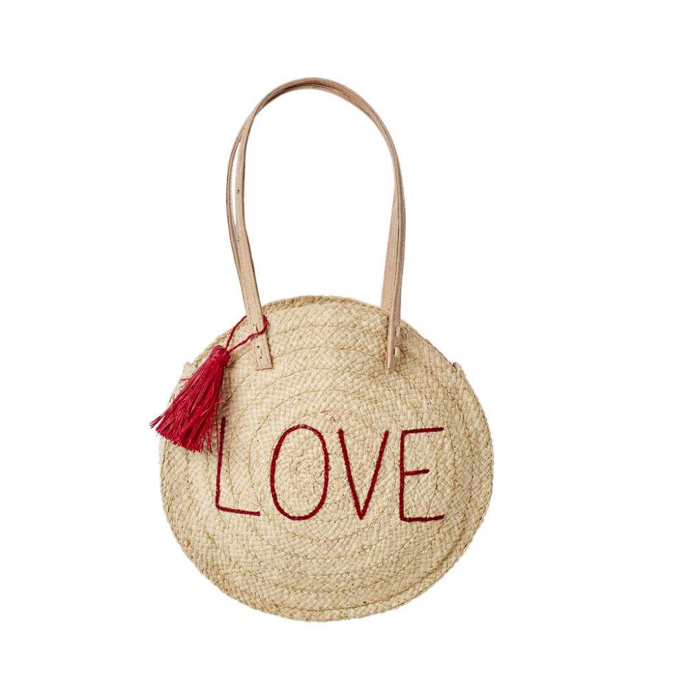 Round Raffia Shoulder Bag LOVE embroidery Rice DK - Vibrant Home