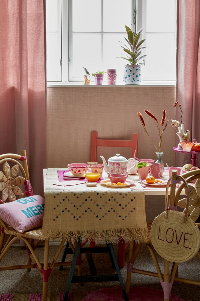 Raffia Table Runner with Embroidered Flowers By Rice DK - Vibrant Home