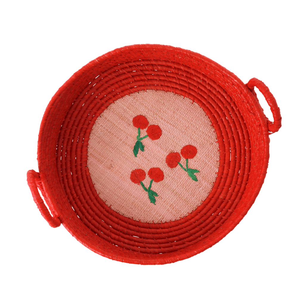 Round Red Raffia Bread Basket Embroidered Cherries By Rice DK - Vibrant ...