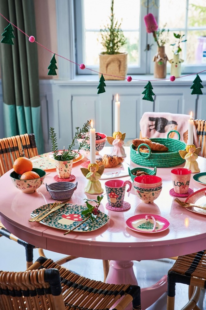 Round Green Raffia Basket Embroidered Mushroom By Rice DK - Vibrant Home