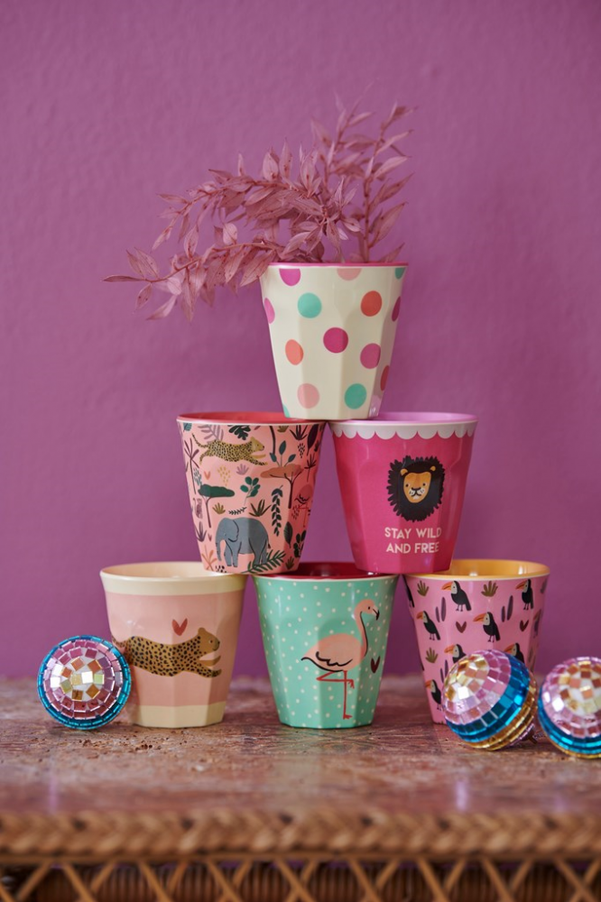 Set of 6 Small Kids Melamine Cups Pink Jungle Print Rice DK - Vibrant Home