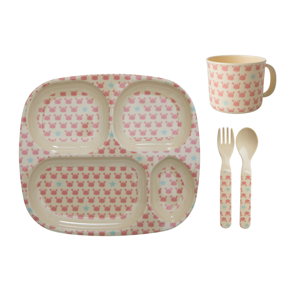 Pink Crab & Starfish Print Baby 4 Piece Melamine Dinner Set Gift Box ...