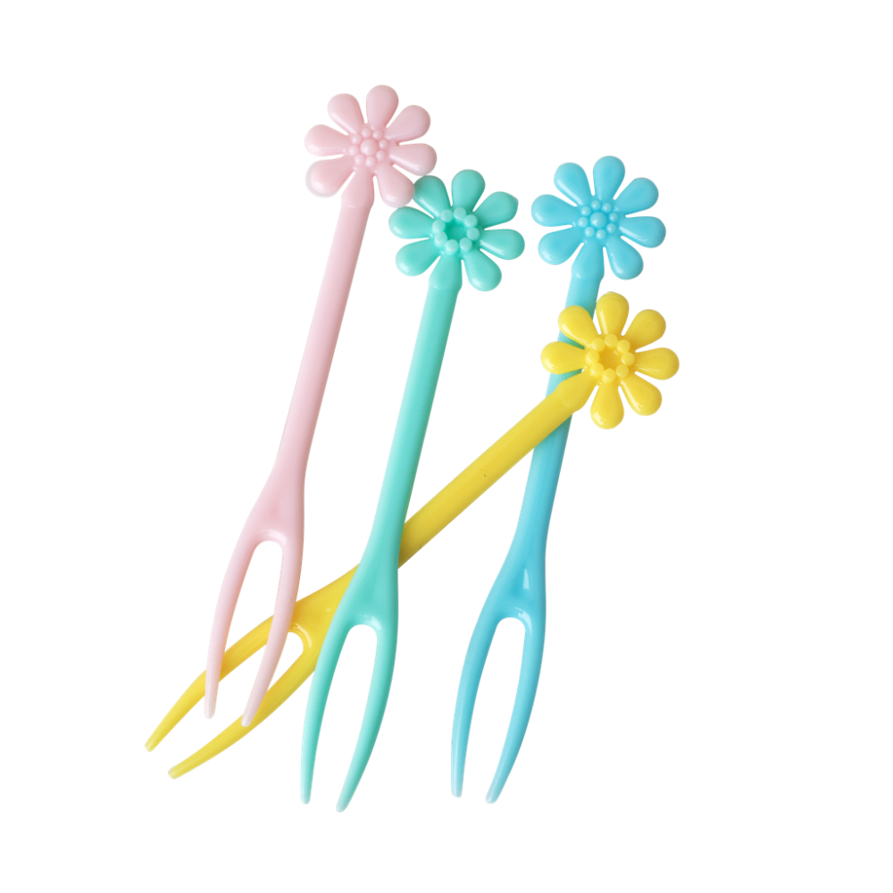 30 Flower Shaped Canape Forks Pastel Colours Rice DK - Vibrant Home