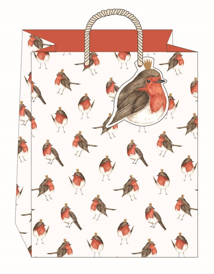 Christmas Robin Print Large Gift Bag with matching tag - Vibrant Home