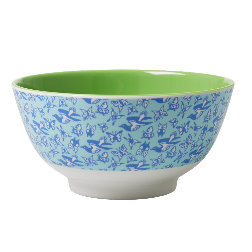 Rice Dk Green & Blue Melamine Bowl with a Bird Print - Vibrant Home